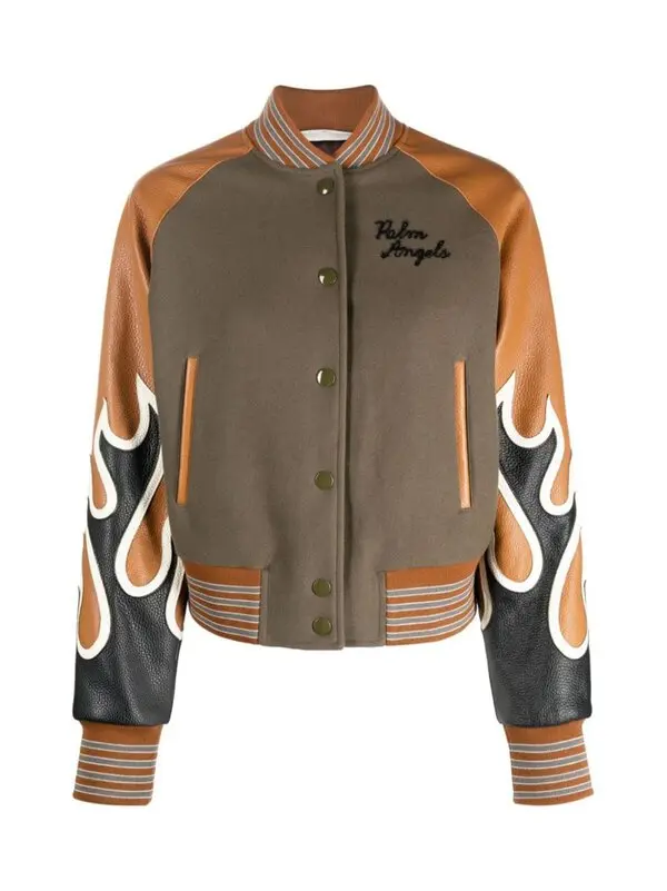 Palm Angels Burning Flames Leather Varsity Jacket In Multiple